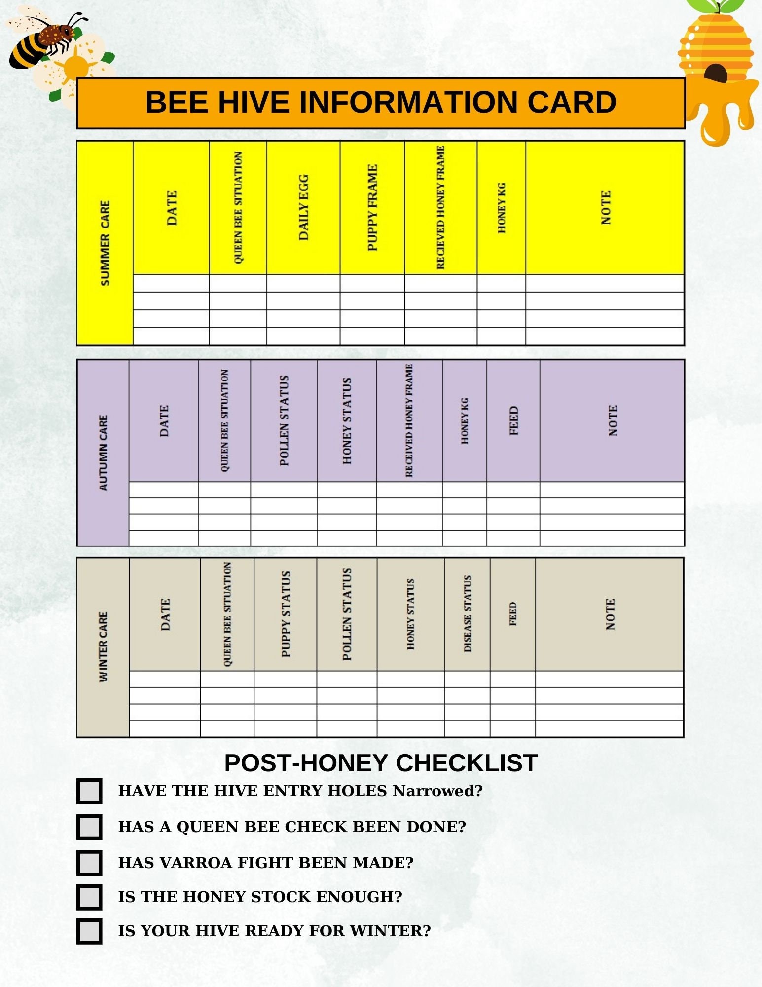 Beehive Information Card: Printable Beekeeper Hive Tracker (PDF) - Etsy