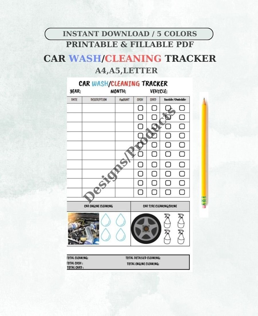 Car Wash Cleaning Tracker: Printable Planner (A4, A5, Letter) - Etsy