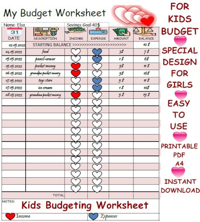 My Budget Worksheet/budget Worksheet for Kids/pocket Money Tracker ...
