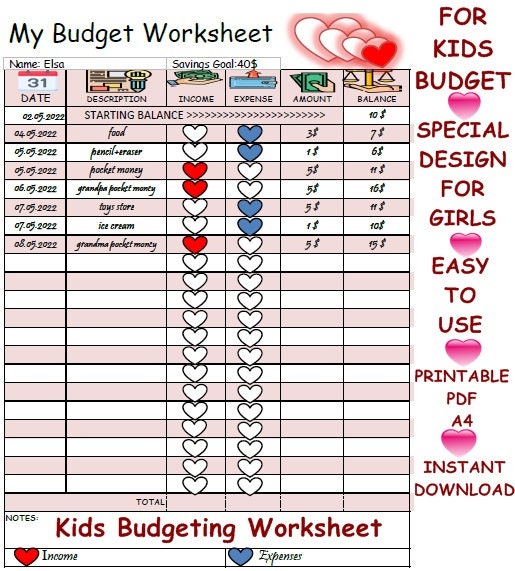 My Budget Worksheet/budget Worksheet for Kids/pocket Money Tracker ...