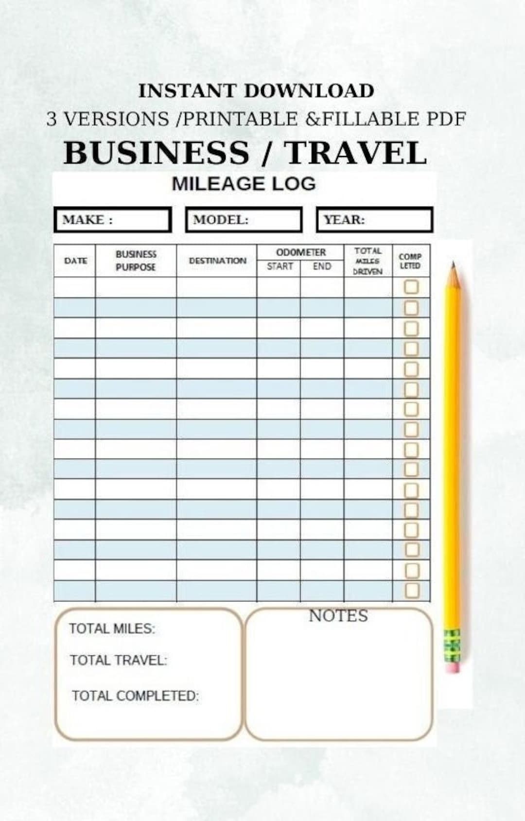 Business-travel Mileage Log Book Printable, Vehicle Mileage Log Book ...