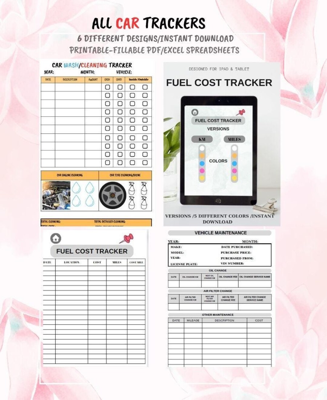 Car Trackers Bundle: Expense, Maintenance, & Wash Logs (printable/excel ...