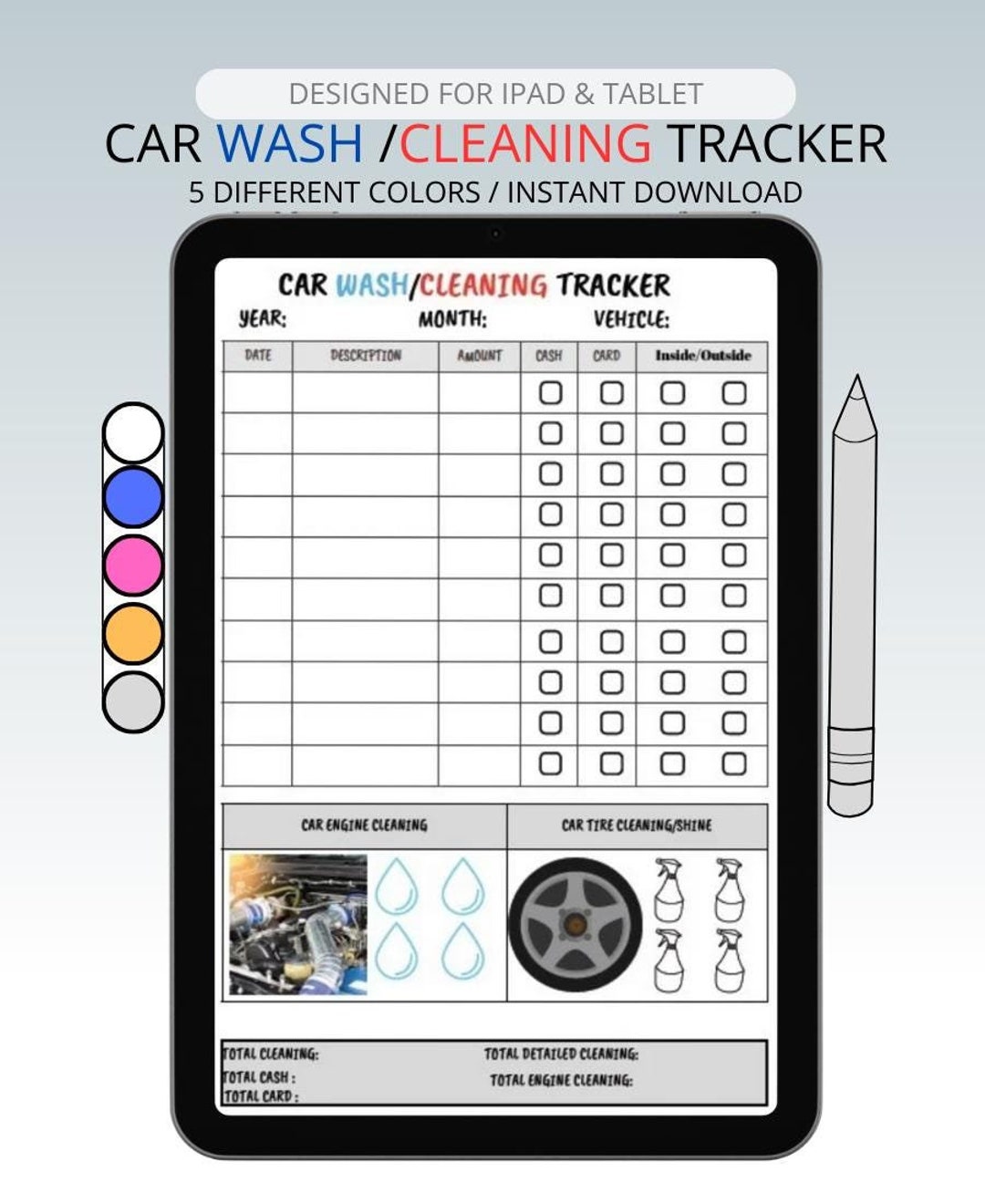 Car Wash Cleaning Tracker Printable Planner And Log Pdf Download Etsy