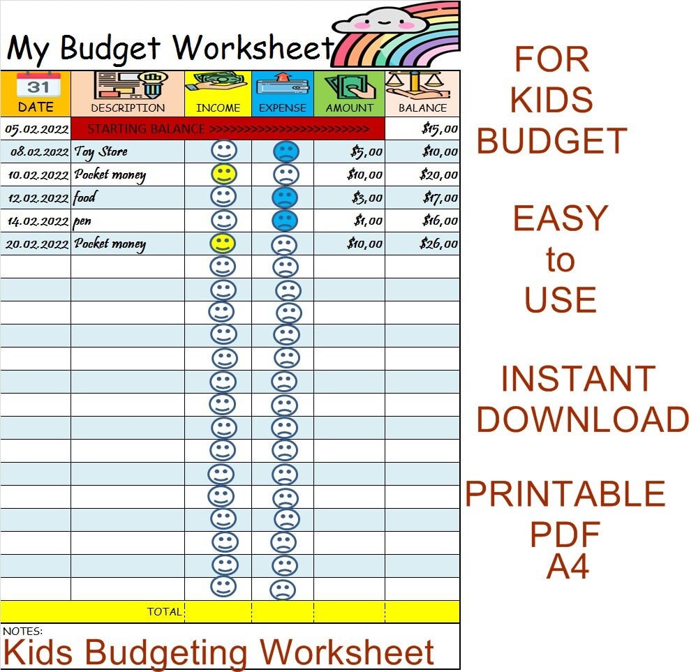 Kids Budget Worksheet: Printable Budgeting Chart (PDF A4) - Etsy