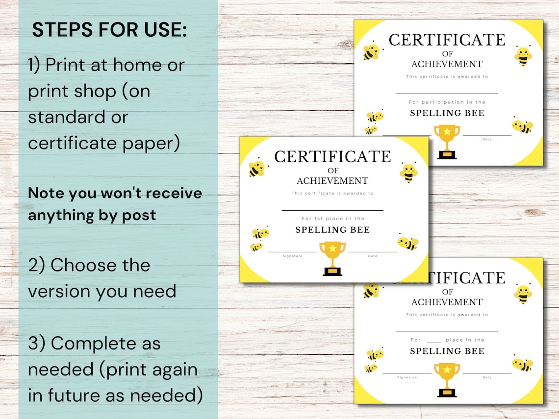 Spelling Bee Certificate Printable Spelling Bee Spelling Award ...