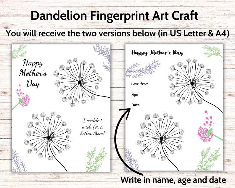 Mothers Day Dandelion Fingerprint Art, Fingerprint Craft Mom Keepsake ...