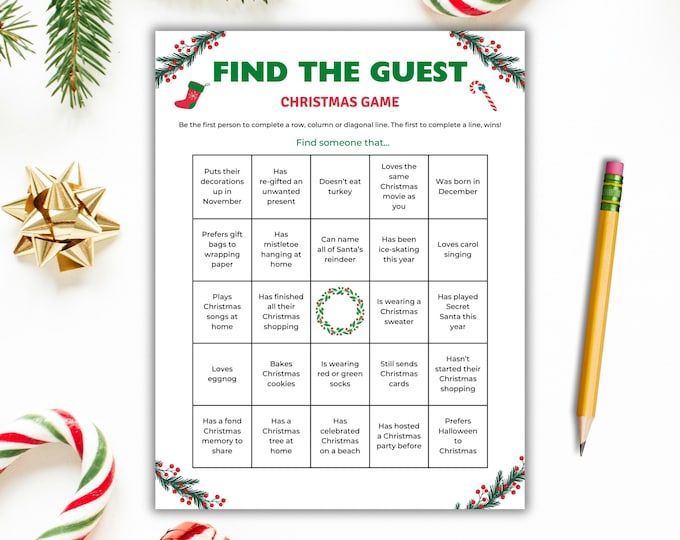 Find the Guest Christmas Game, Find the Guest Bingo, Christmas Party ...