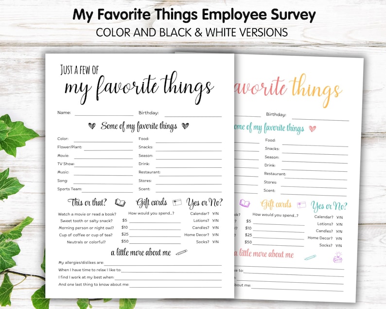 Employee Favorite Things Survey, Coworker Questions Form, All About Me ...