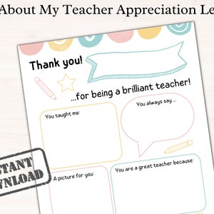All About My Teacher Printable, Teacher Appreciation Week, Thank You ...