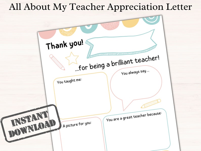 All About My Teacher Printable, Teacher Appreciation Week, Thank You ...