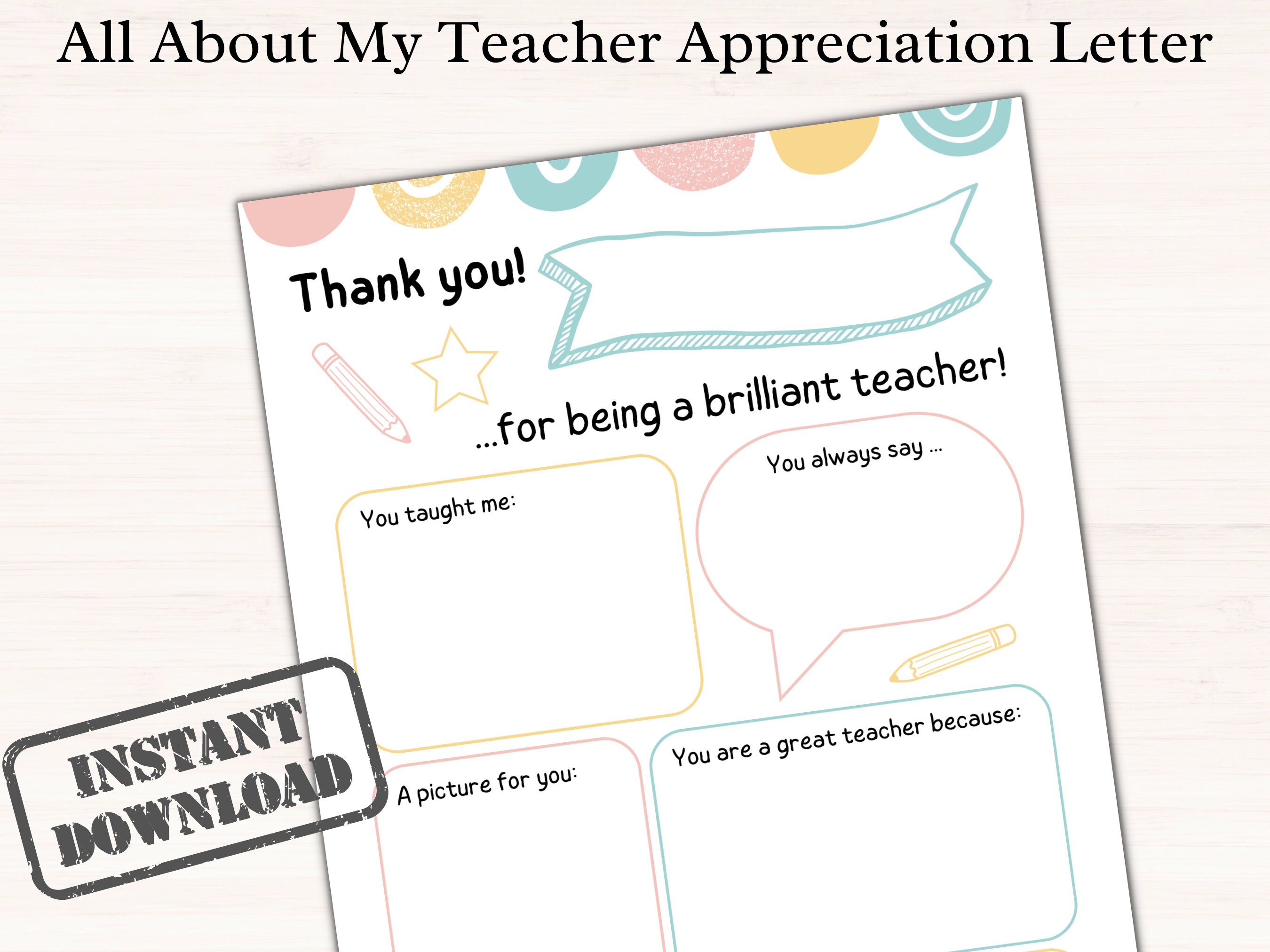 All About My Teacher Printable, Teacher Appreciation Week, Thank You ...