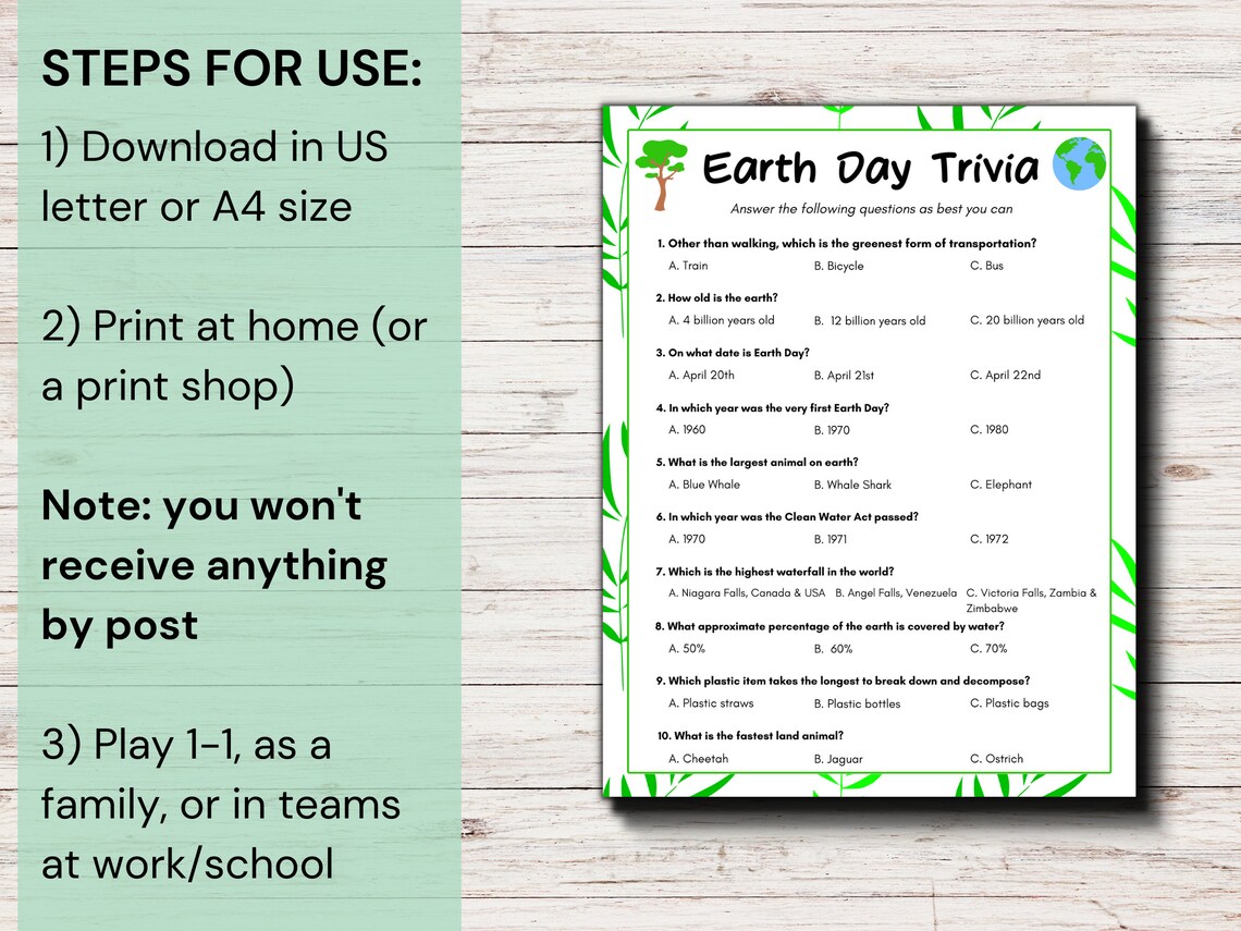 Earth Day Trivia Printable, Happy Earth Day Quiz Activity ...