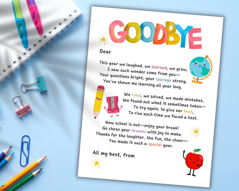 End of Year Poem Gift From Teacher, End of School Goodbye Letter to ...
