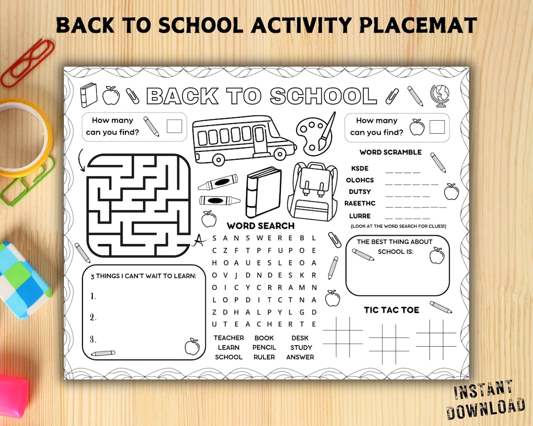 Back to School Placemat Printable, First Day of School Coloring Craft ...