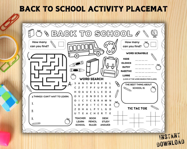 Back to School Placemat Printable, First Day of School Coloring Craft ...