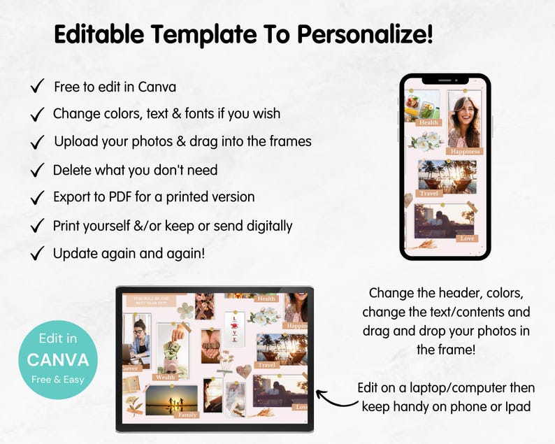 Editable Vision Board Template Printable, Canva Goal Planner, Dream ...