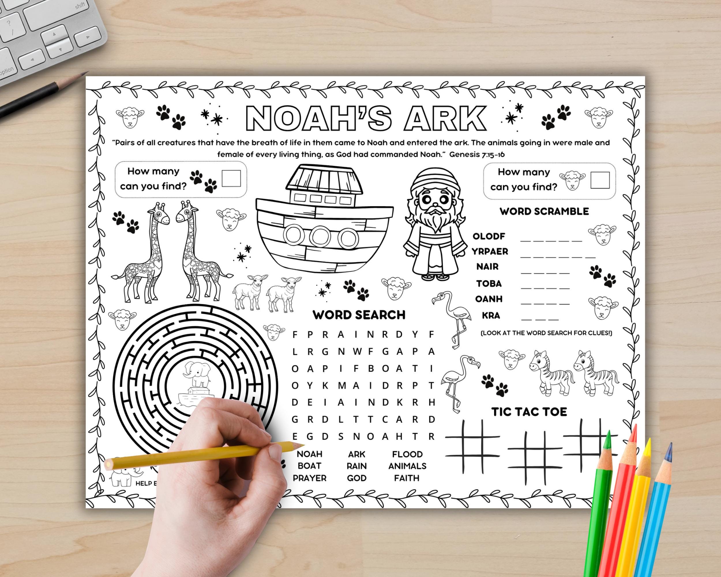 Noah's Ark Activity Placemat, Christian Bible Story Craft, Kids Sunday ...