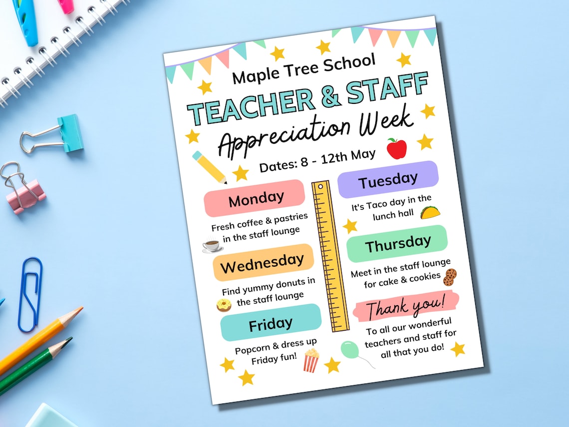 Editable Teacher Appreciation Week Flyer, Thank You Teacher Itinerary ...