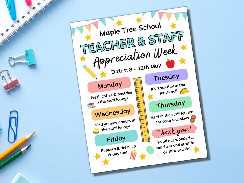 Editable Teacher Appreciation Week Flyer, Thank You Teacher Itinerary ...