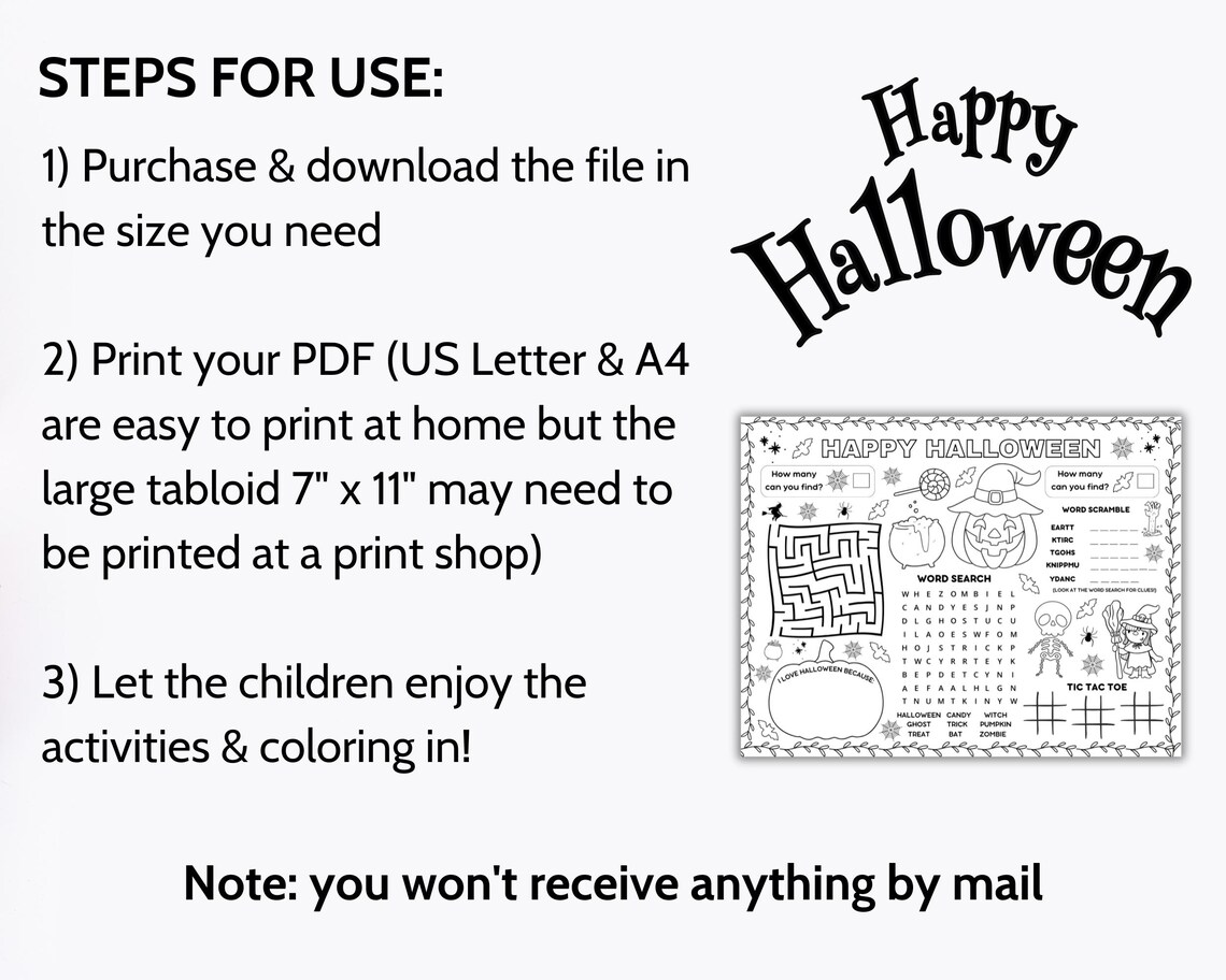 Halloween Activity Placemat Printable, Halloween Games for Kids, Happy ...
