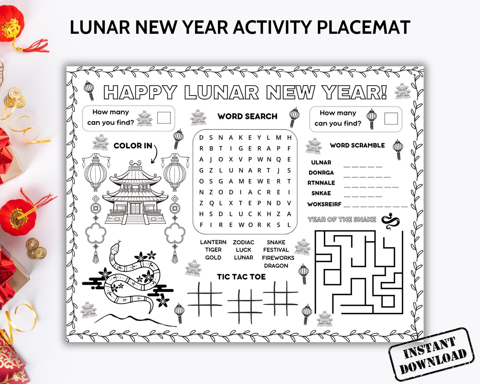 Lunar New Year Activity Placemat Printable, Year of the Snake 2025 ...