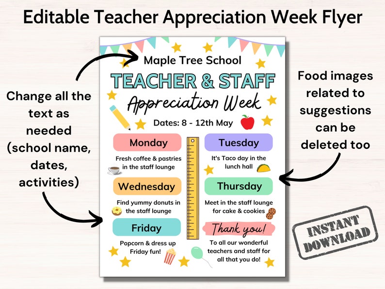 Editable Teacher Appreciation Week Flyer, Thank You Teacher Itinerary ...