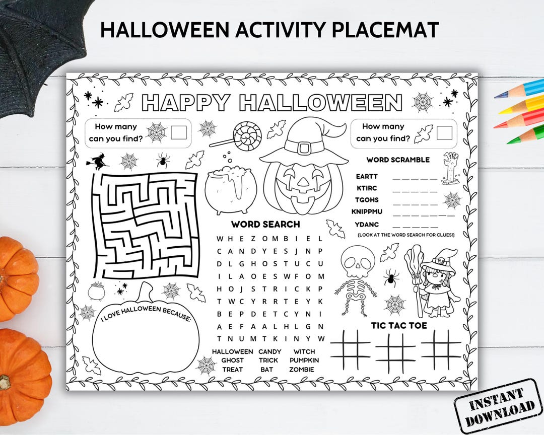 Halloween Activity Placemat Printable, Halloween Games for Kids, Happy ...