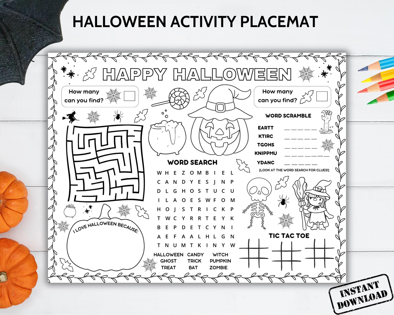 Halloween Activity Placemat Printable, Halloween Games for Kids, Happy ...