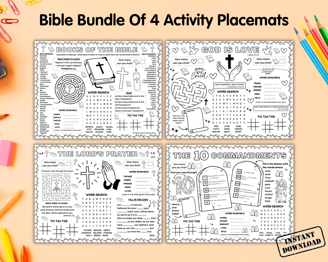 Bible Activity Placemat Bundle, Sunday School Craft Games, Bible ...