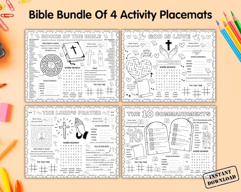 Bible Activity Placemat Bundle, Sunday School Craft Games, Bible ...