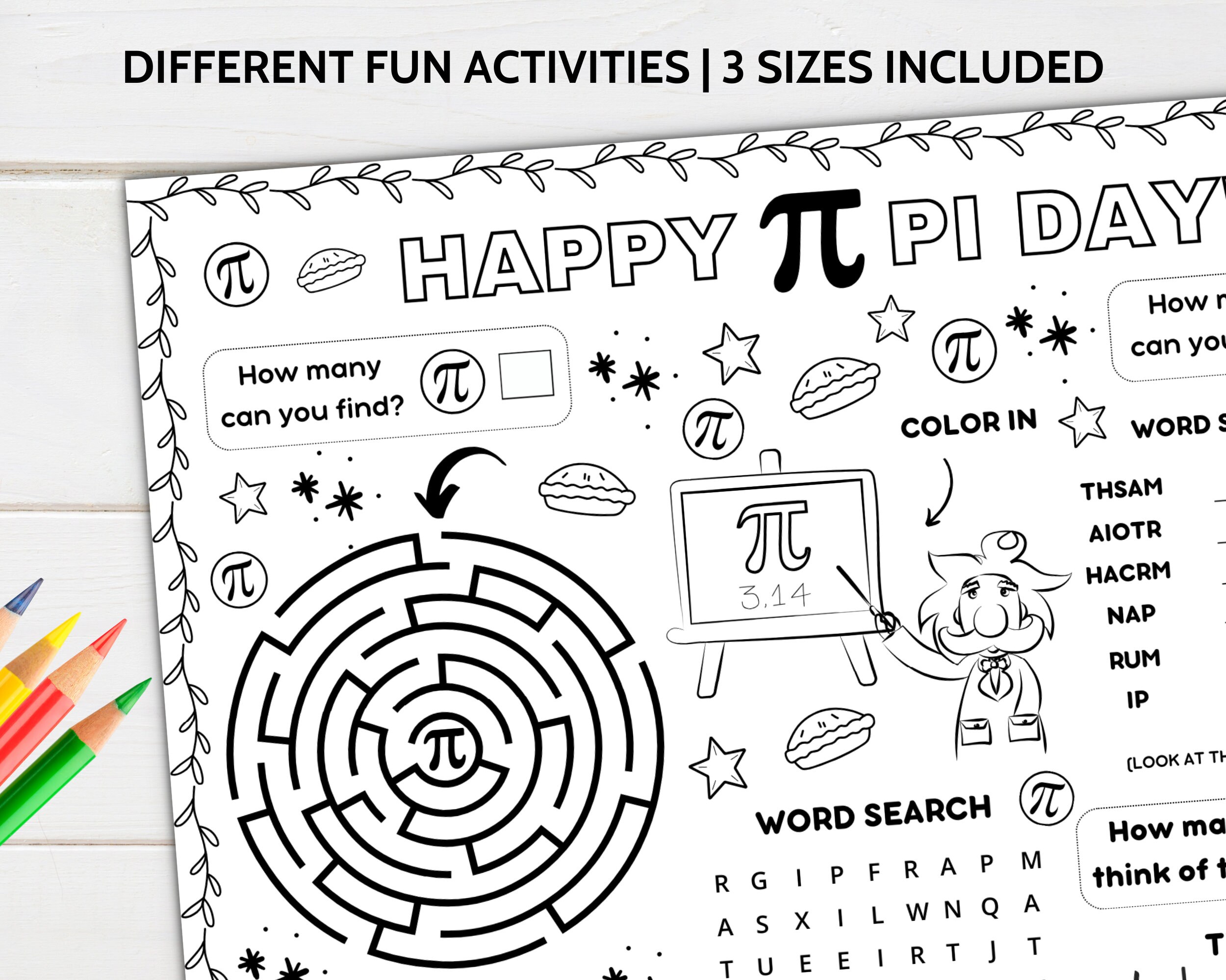Pi Day Activity Placemat Printable, Pi Day Kids Craft Coloring Page ...