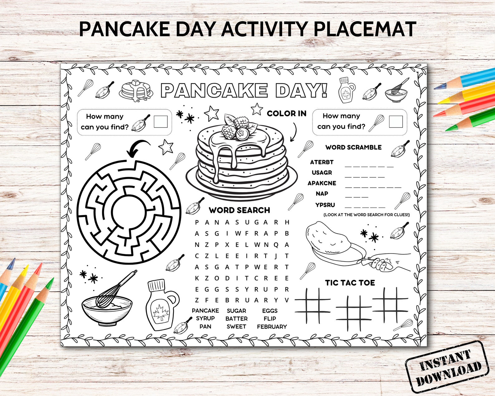 Pancake Day Activity Placemat Printable, Pancake Craft Coloring Page ...