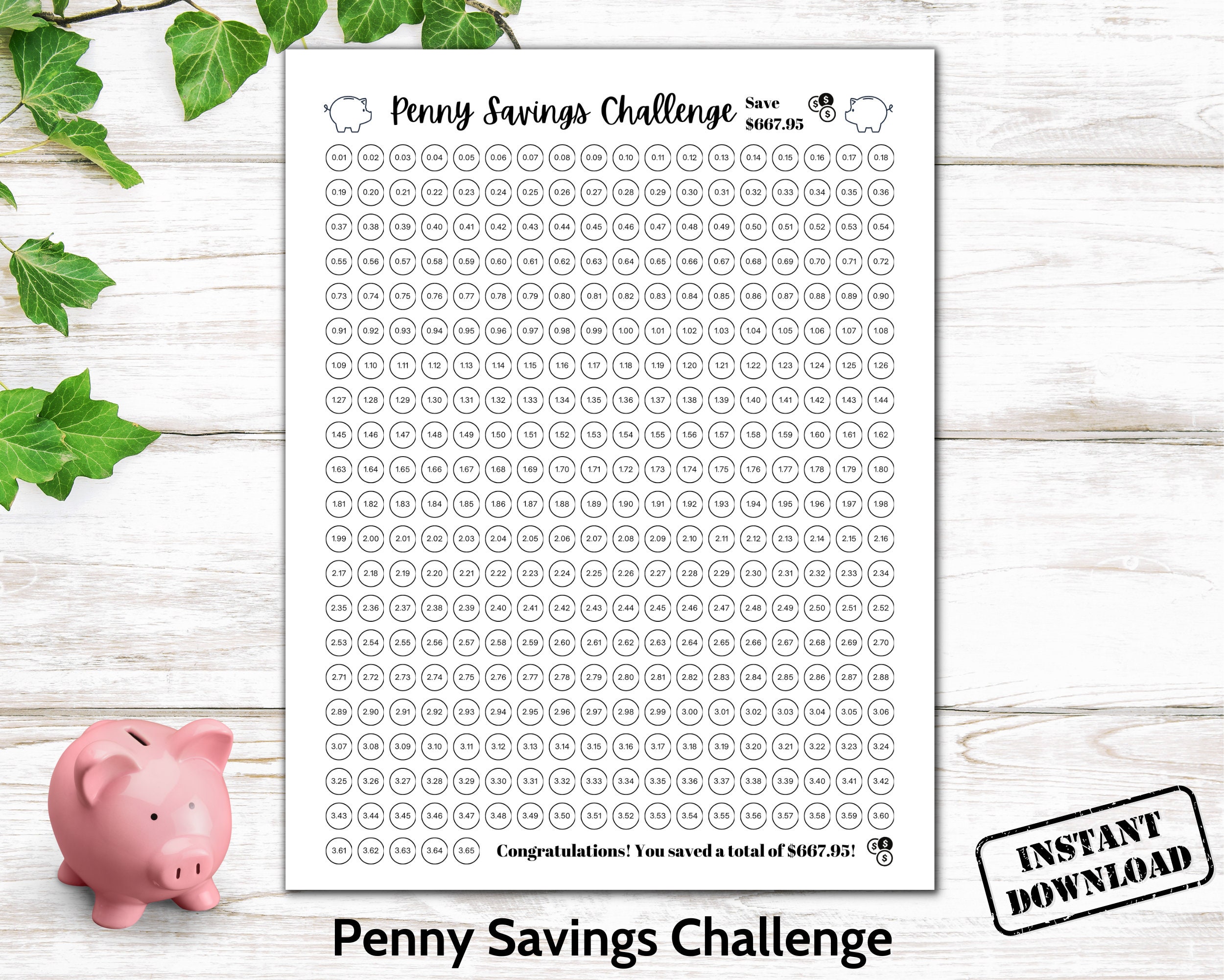 Penny Savings Challenge Printable, 365 Day Money Goals Challenge, 1c ...