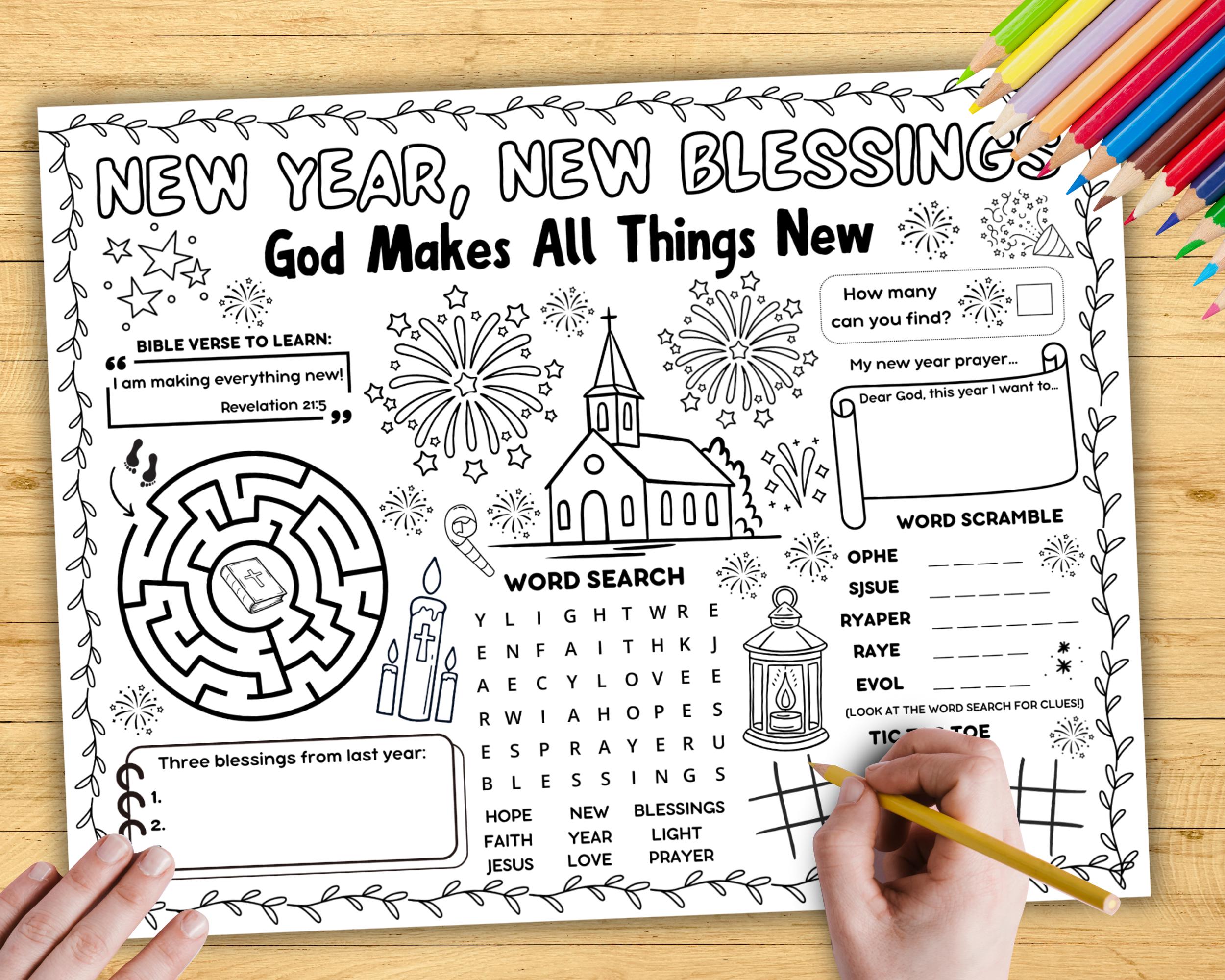 New Year Bible Activity Placemat, Christian New Year's Eve Coloring ...