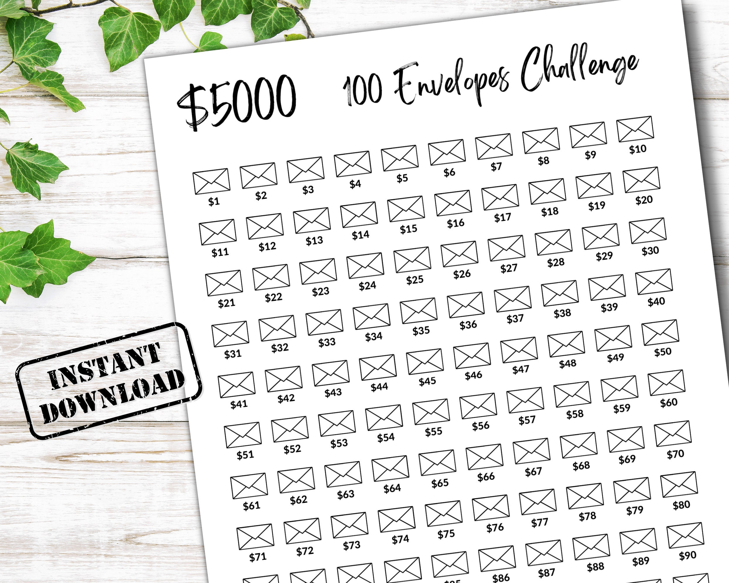 100 Envelope Challenge Printable, 5000 Money Savings Challenge, 5K 100 Day Envelopes Challenge ...