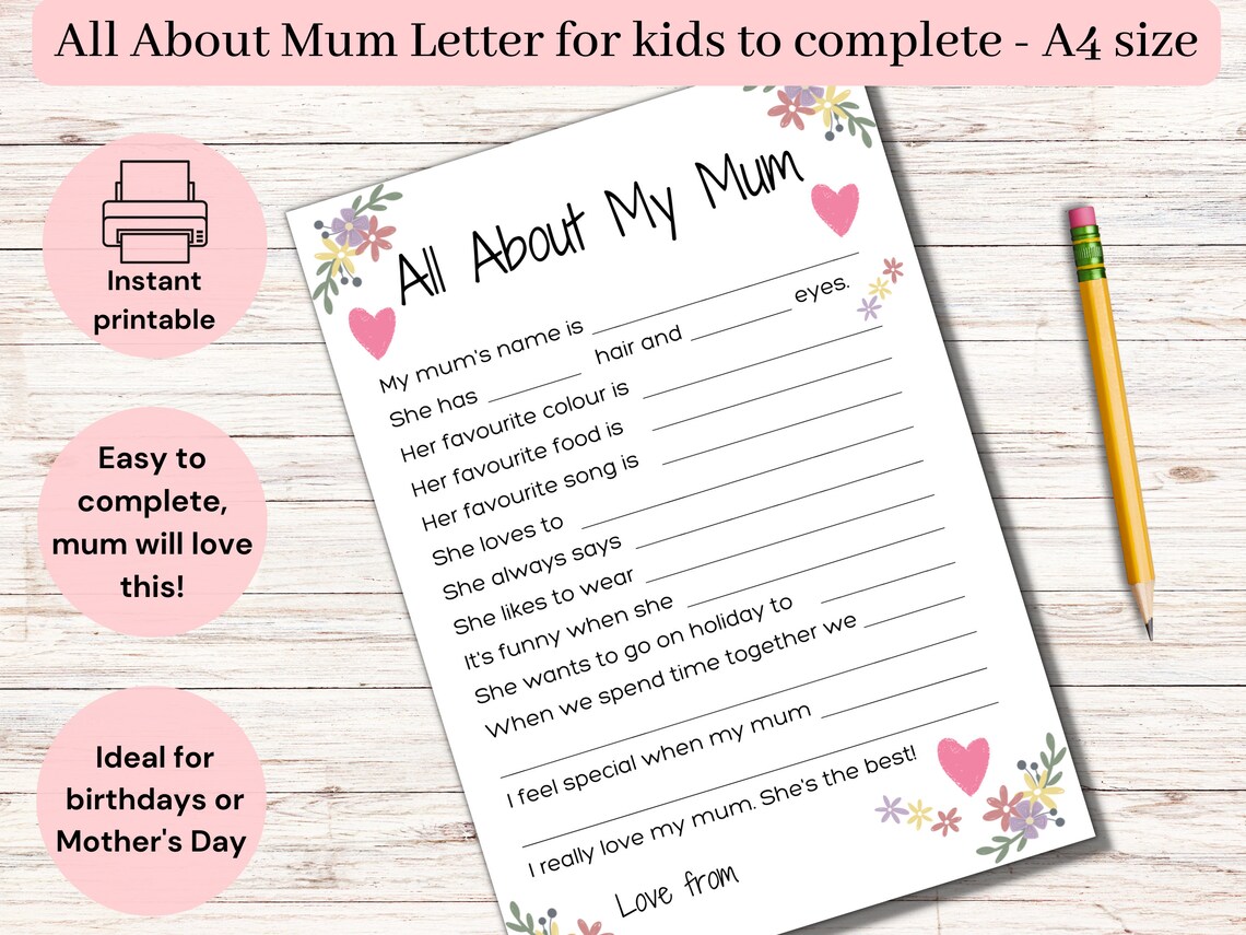 All About My Mum Printable, All About Mum Questionnaire, Appreciation ...