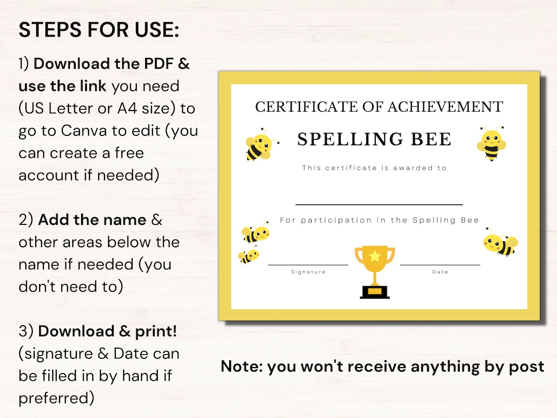 Editable Spelling Bee Certificate Printable, Spelling Bee Certificate ...