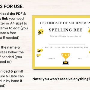 Editable Spelling Bee Certificate Printable, Spelling Bee Certificate ...