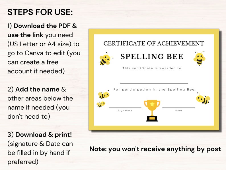 Editable Spelling Bee Certificate Printable, Spelling Bee Certificate ...