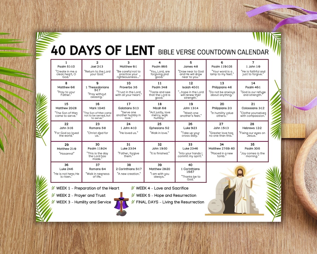 40 Day Lent Countdown Calendar, Bible Verse Scripture Reading Printable ...