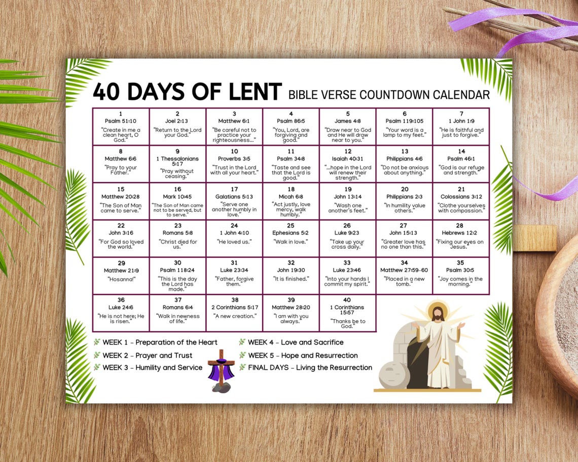40 Day Lent Countdown Calendar, Bible Verse Scripture Reading Printable ...