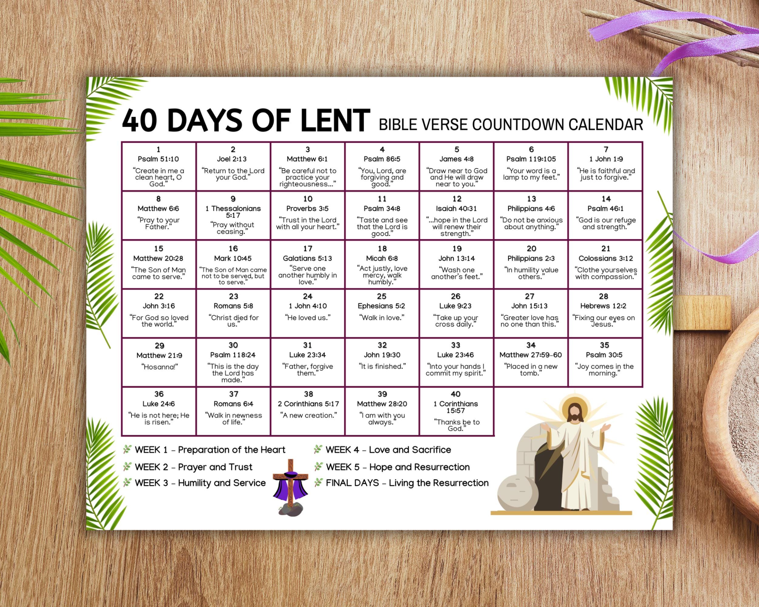 40 Day Lent Countdown Calendar, Bible Verse Scripture Reading Printable ...