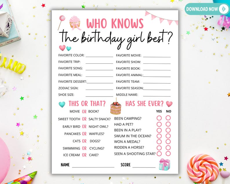 Who Knows the Birthday Girl Best, Printable Girls Pink Birthday Game ...