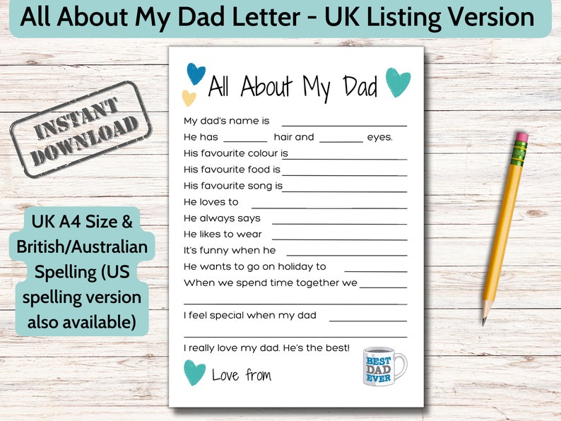 All About My Dad Printable All About Dad Letter Father's - Etsy