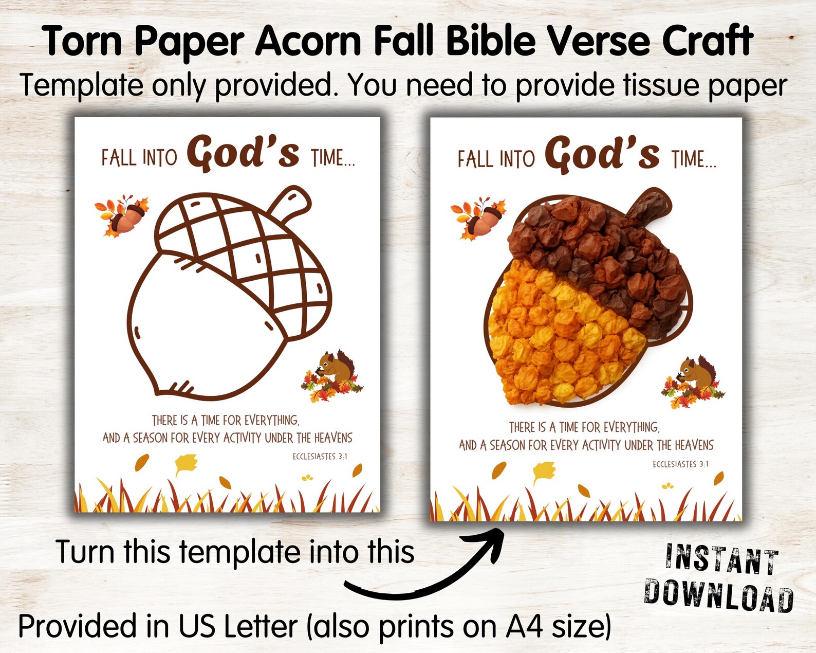 Fall Tissue Paper Craft, Acorn Torn Paper Template, Sunday School Bible ...