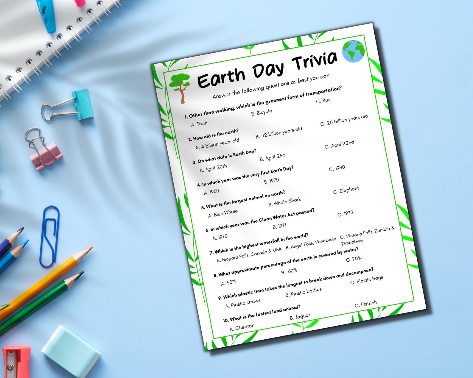 Earth Day Trivia Printable, Happy Earth Day Quiz Activity ...