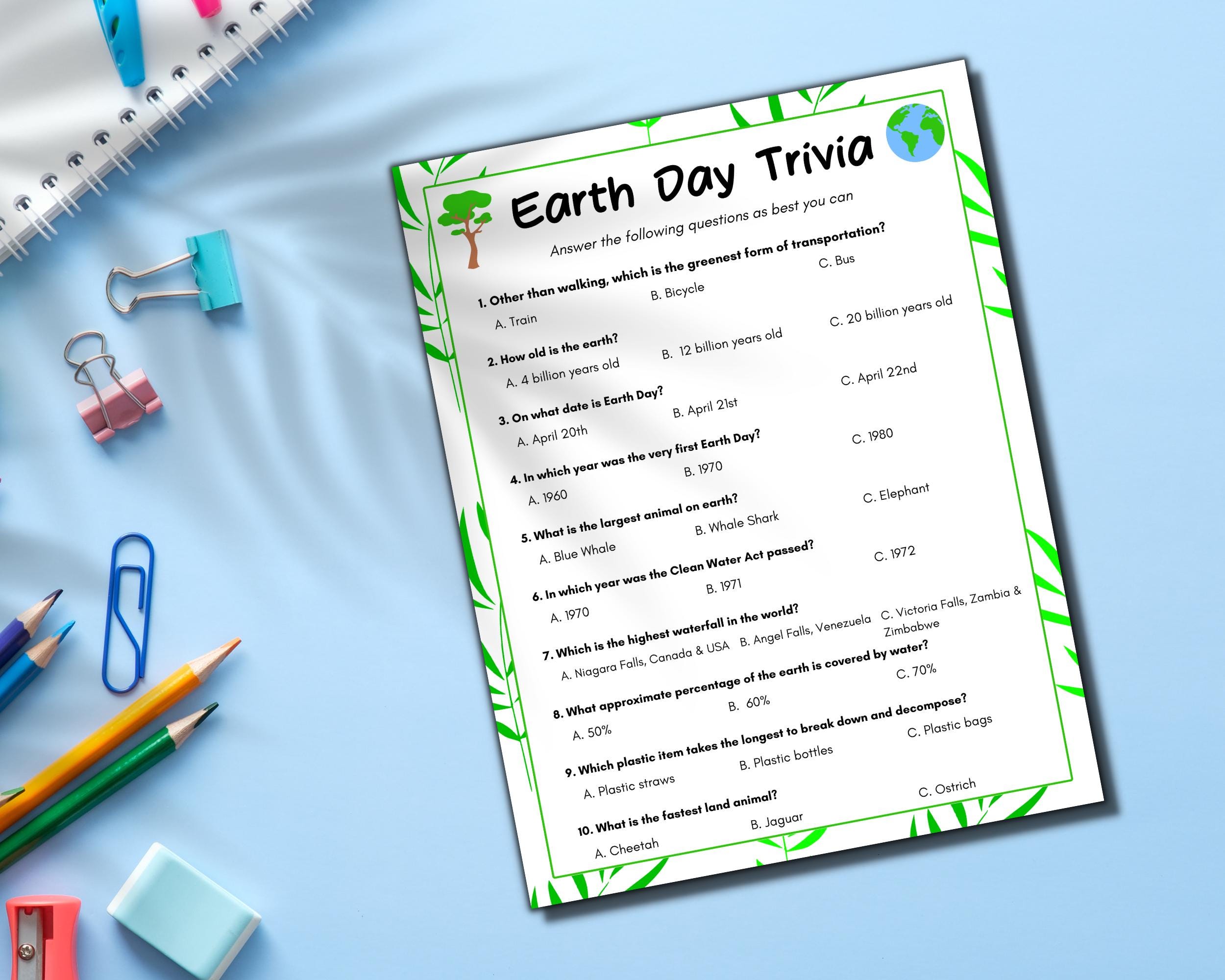 Earth Day Trivia Printable, Happy Earth Day Quiz Activity, Environmental Trivia Game, Office ...