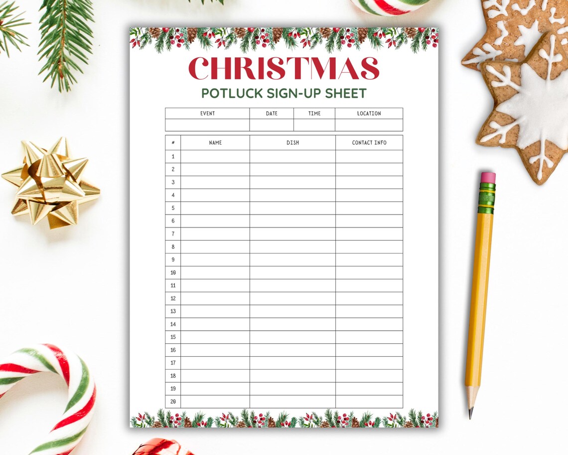 Christmas Potluck Sign up Sheet, Christmas Party Dinner Potluck List ...