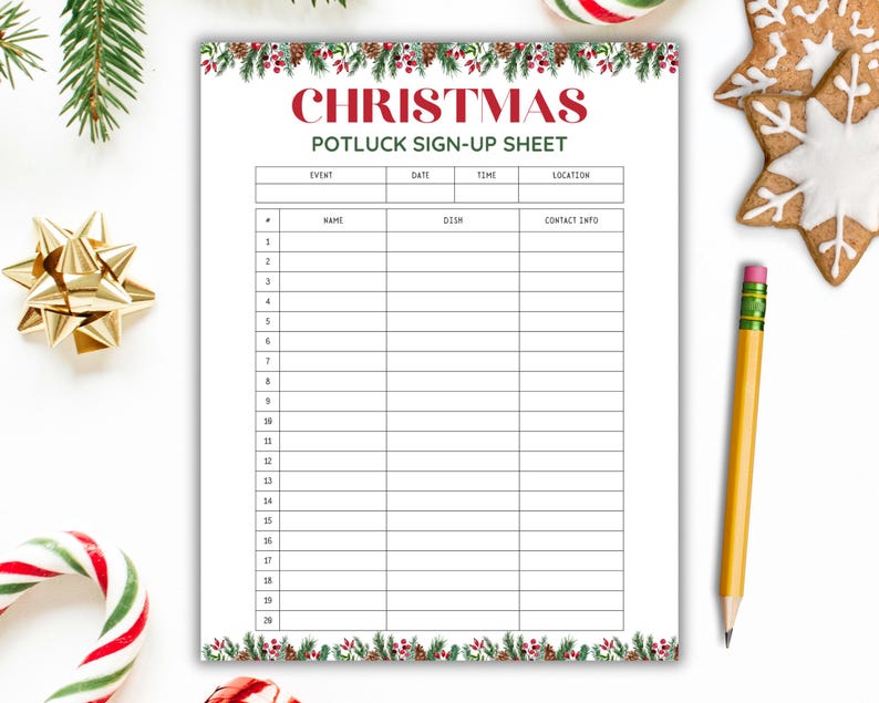 Christmas Potluck Sign up Sheet, Christmas Party Dinner Potluck List ...