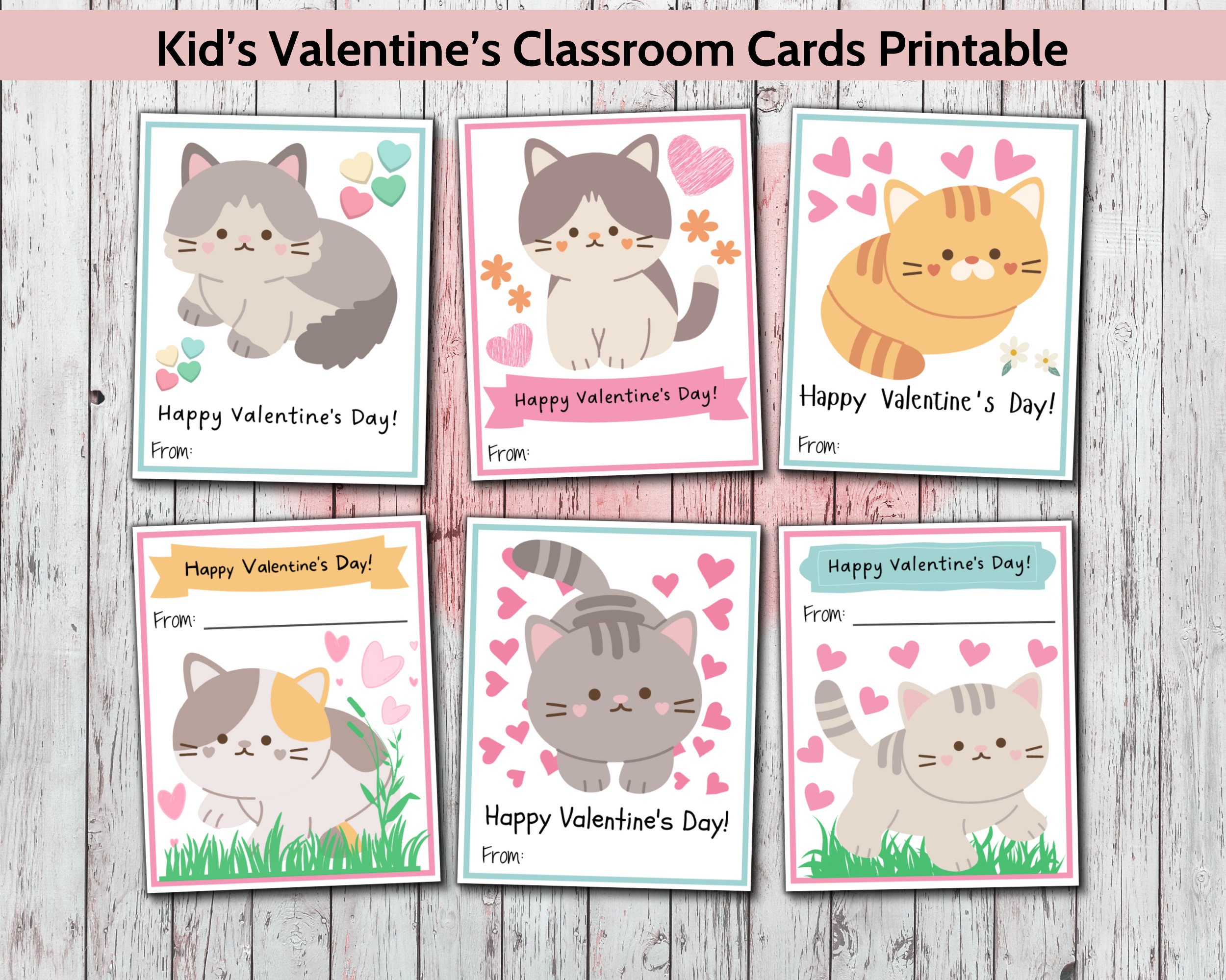 Kids Classroom Valentines Day Cards, Cat Valentines Cards for Class ...